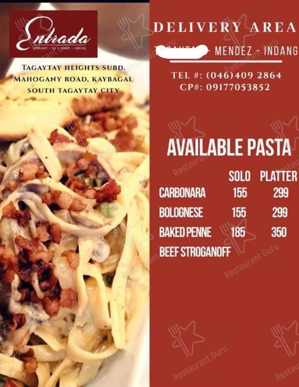 Menu at Entrada restaurant, Tagaytay, 4W3P+84W