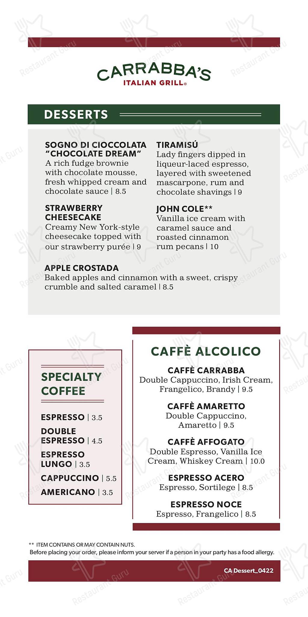 Menu at Carrabba's Italian Grill (Moncton) restaurant, Moncton