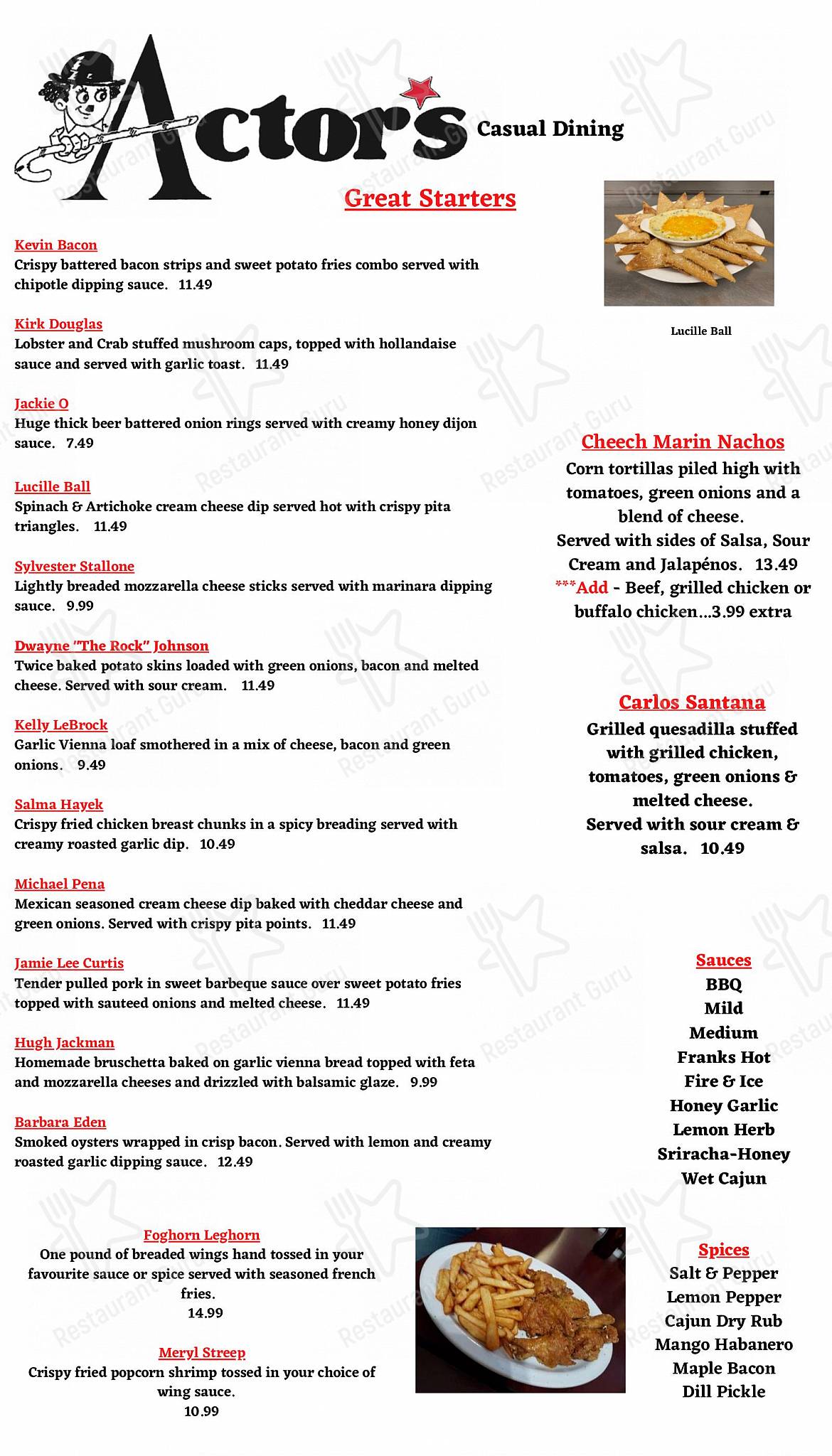 Menu at Actor's Casual Dining restaurant, Petrolia