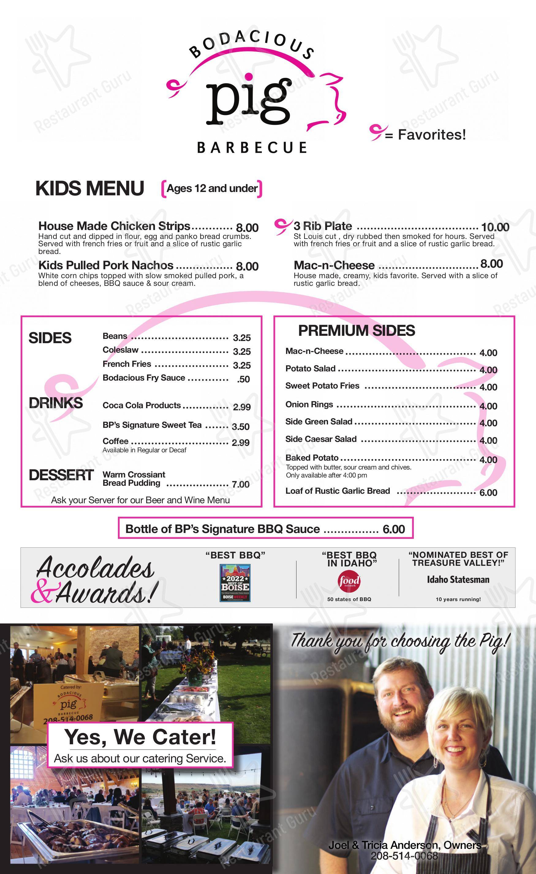 Menu at Bodacious Pig Barbecue, Eagle