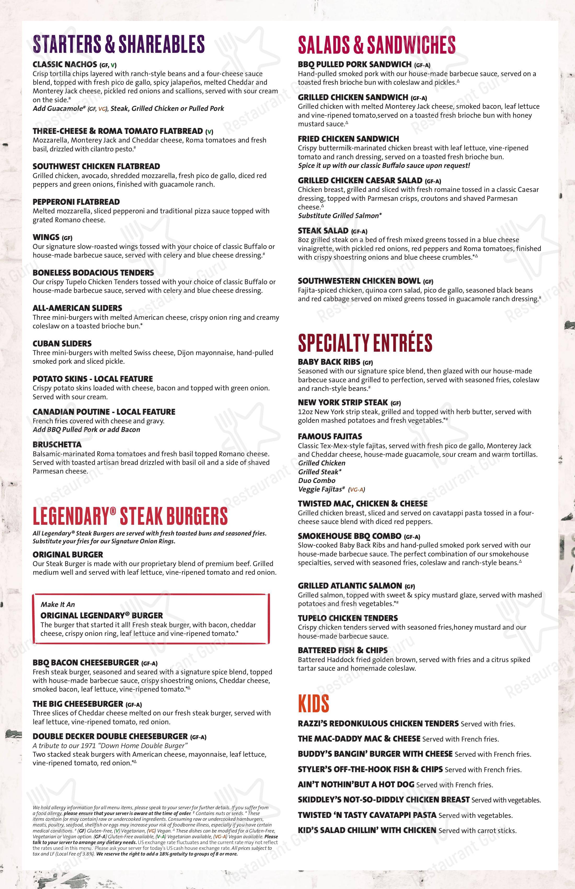 Menu at Hard Rock Cafe, Niagara Falls, Falls Ave