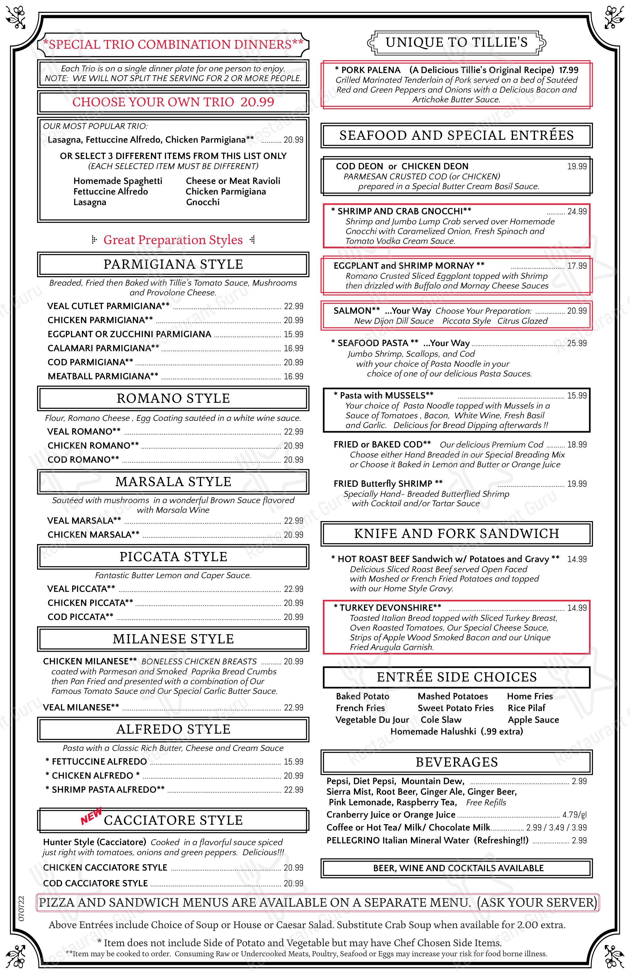 Menu at Tillie's Restaurant, McKeesport