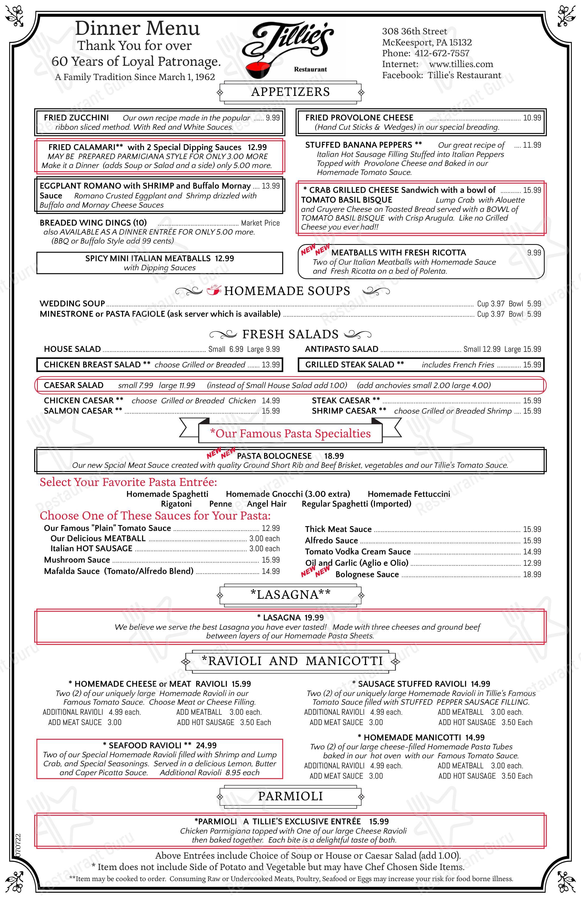 Menu at Tillie's Restaurant, McKeesport