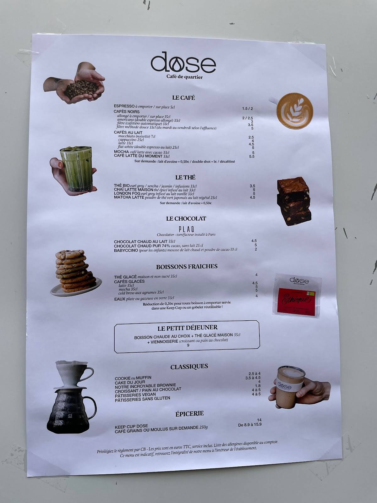 Menu at dose cafe, Paris, 73 Rue Mouffetard
