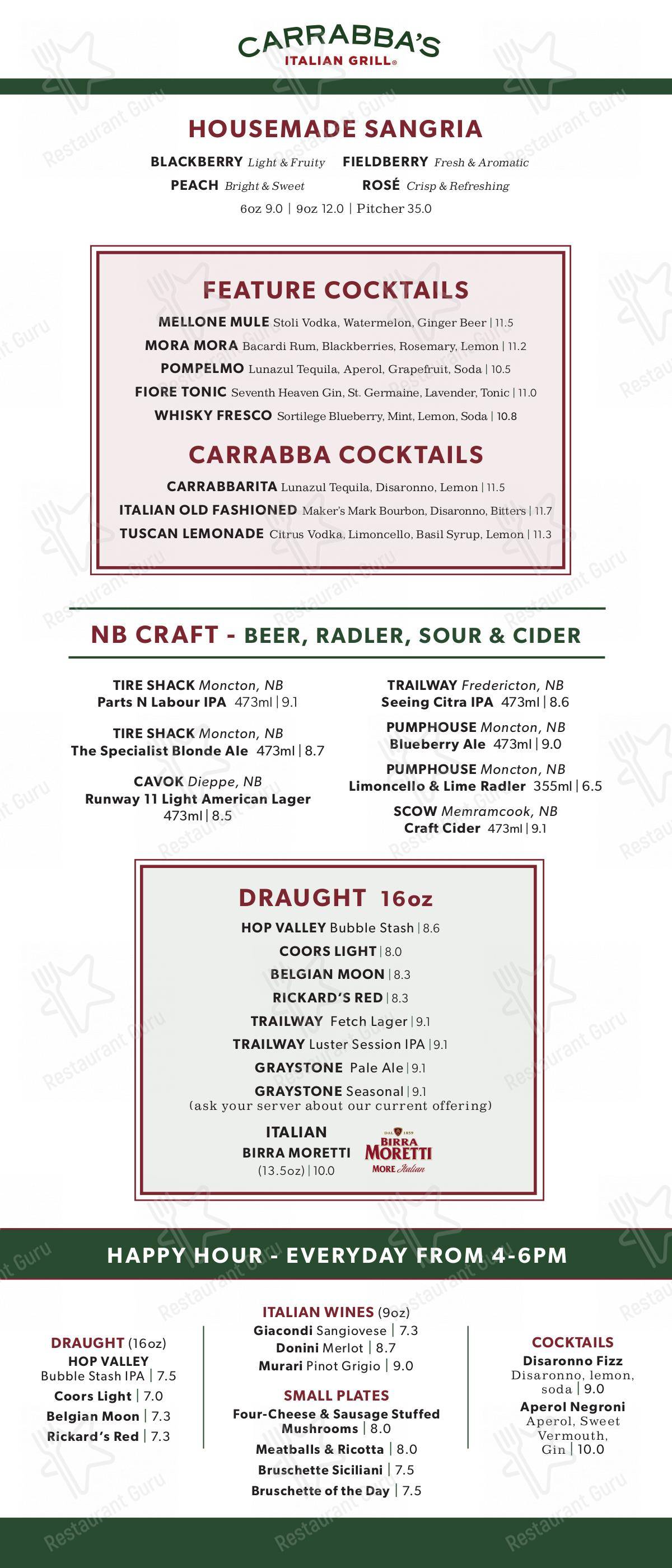 Menu at Carrabba's Italian Grill (Moncton) restaurant, Moncton