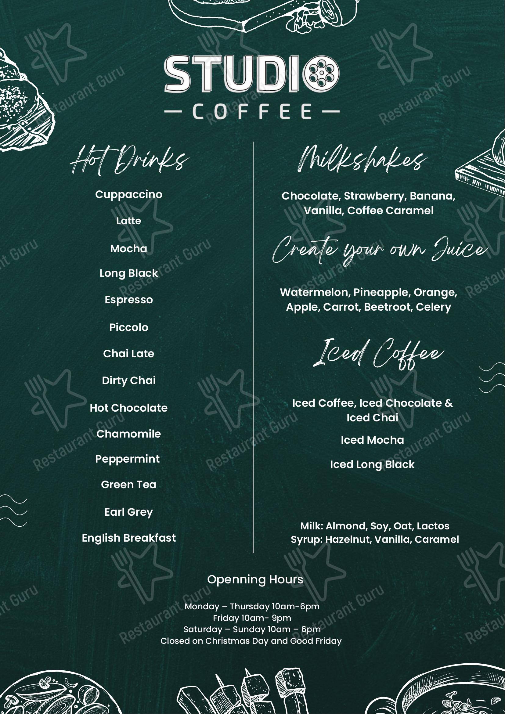 Menu at Studio Coffee restaurant, South Wharf