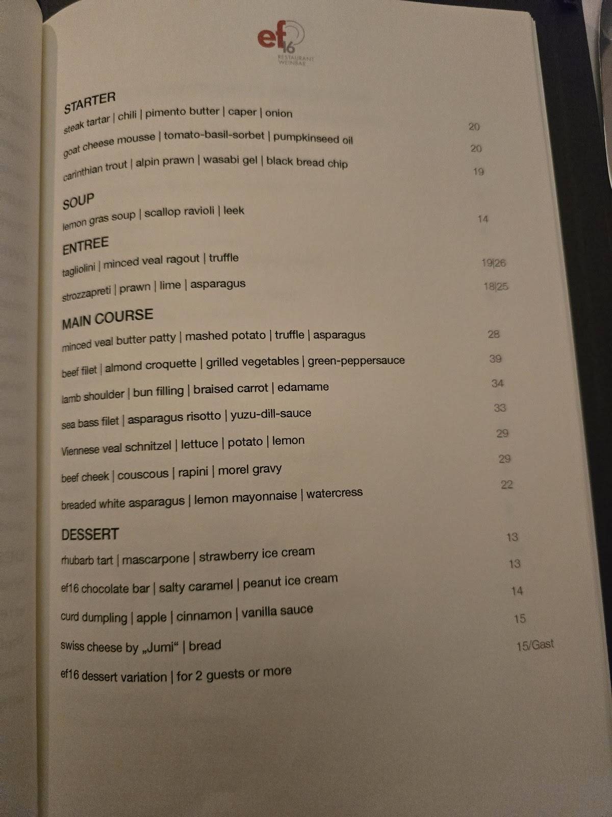 Speisekarte von ef16 Restaurant Weinbar, Wien