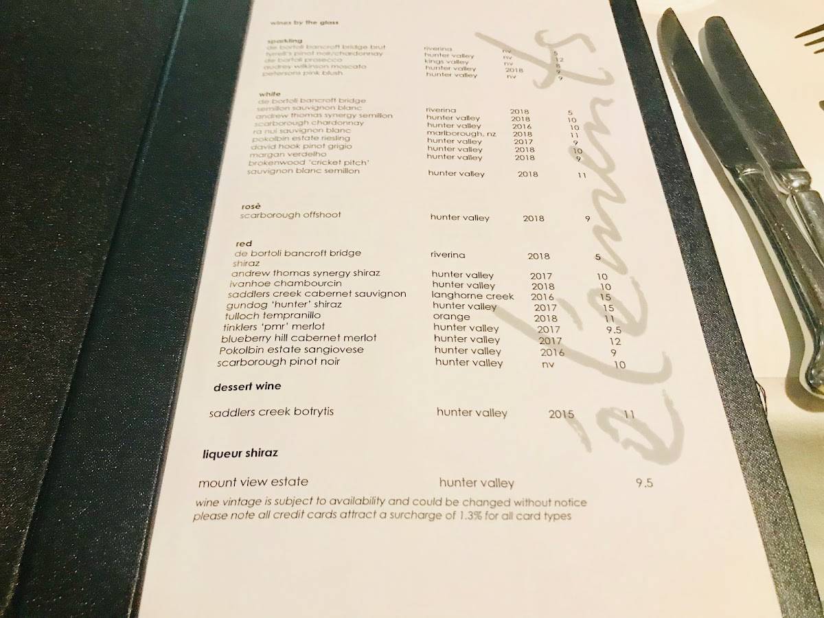 Menu at elements bar & dining, Pokolbin