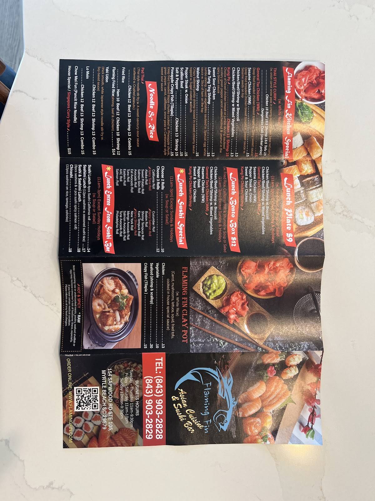 Carta de flaming fin Asian cuisine and sushi bar, Myrtle Beach