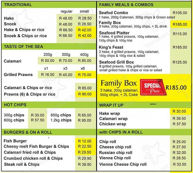 Menu at Fillet King restaurant, Cape Town, Shop G28