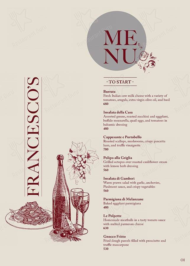 Menu at Francesco's pizzeria, San Juan