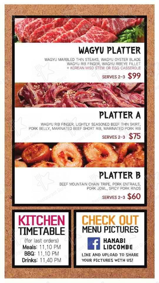 Menu at Hanabi Korean BBQ Restaurant, Lidcombe