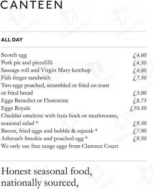Menu at Canteen restaurant, London, 21 Wellington Street