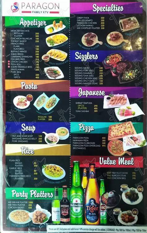 Menu at Paragon Family KTV pub & bar, Quezon City