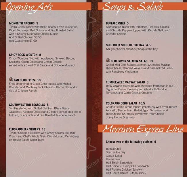 Menu at Ship Rock Grille pub & bar, Morrison