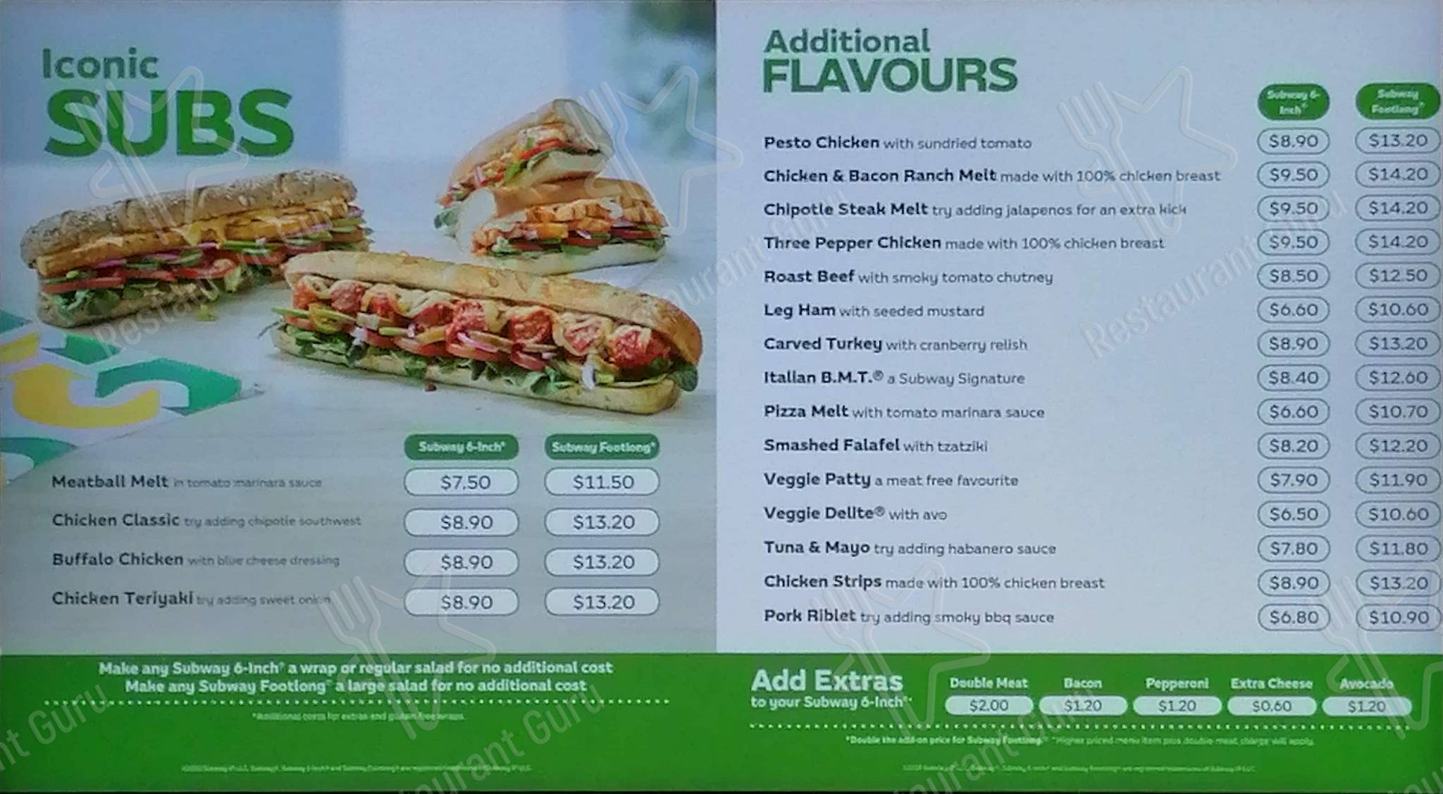 Menu at Subway fast food, Pukekohe, 164 King St