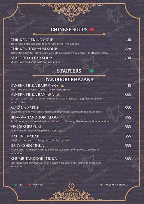 Menu at The Rajputana, Bengaluru