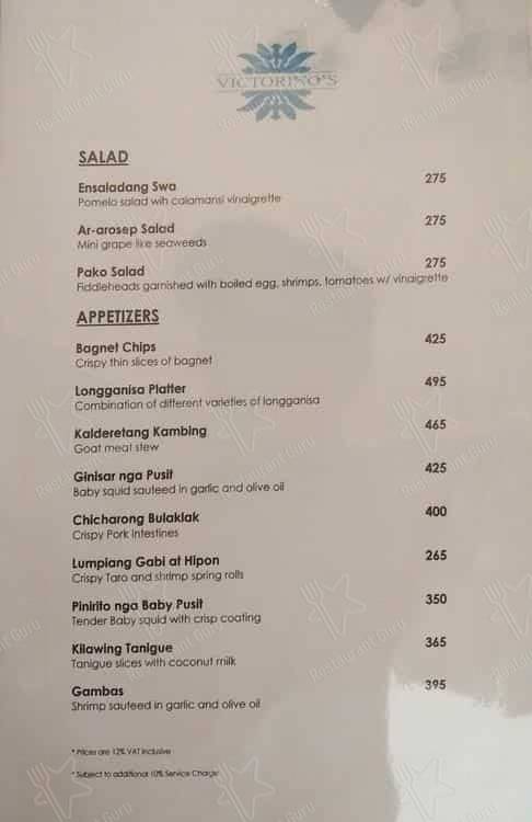 Menu at Victorino's Restaurant, Quezon City