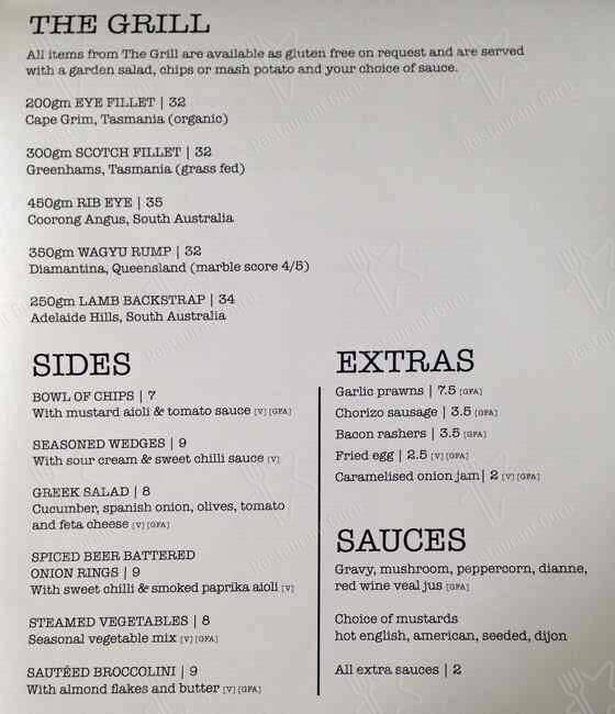 Menu at Wellington Hotel restaurant, North Adelaide