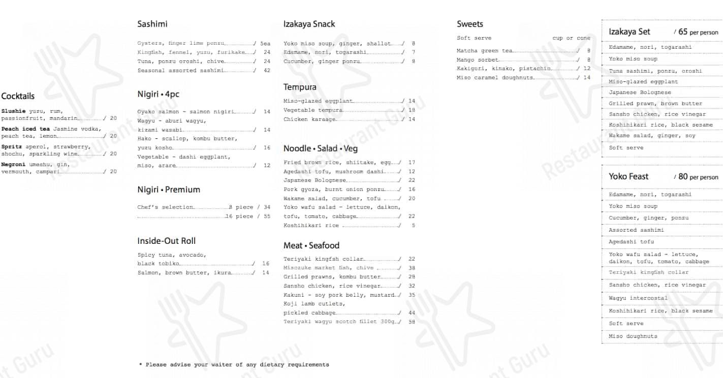 Menu at Yoko Dining restaurant, Brisbane City