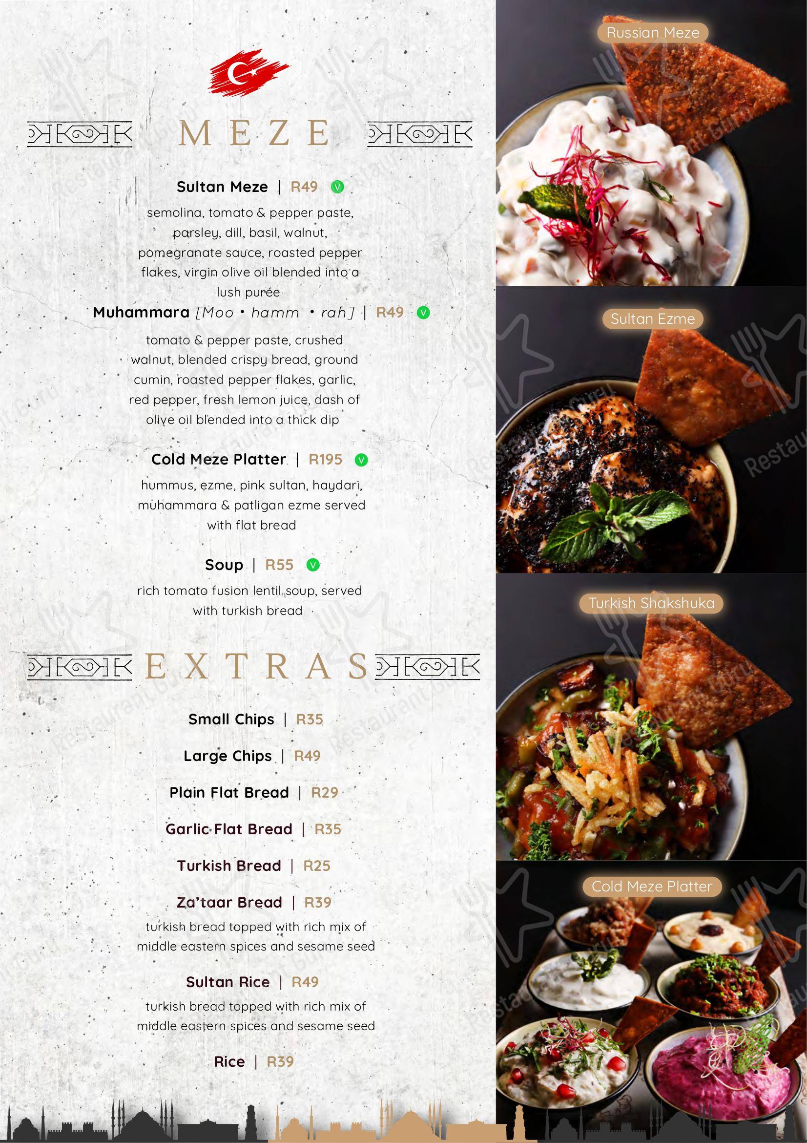 Menu at Ala Turkish restaurant, Cape Town