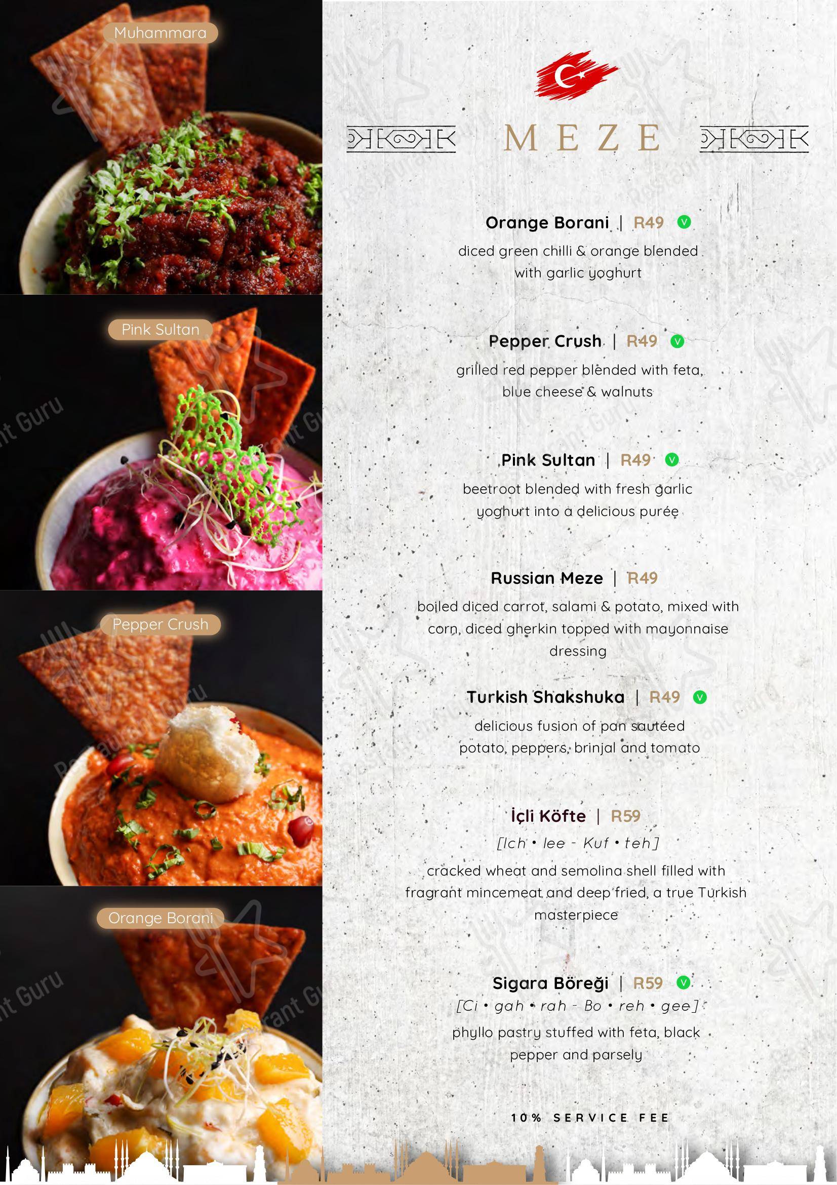 Menu at Ala Turkish restaurant, Cape Town