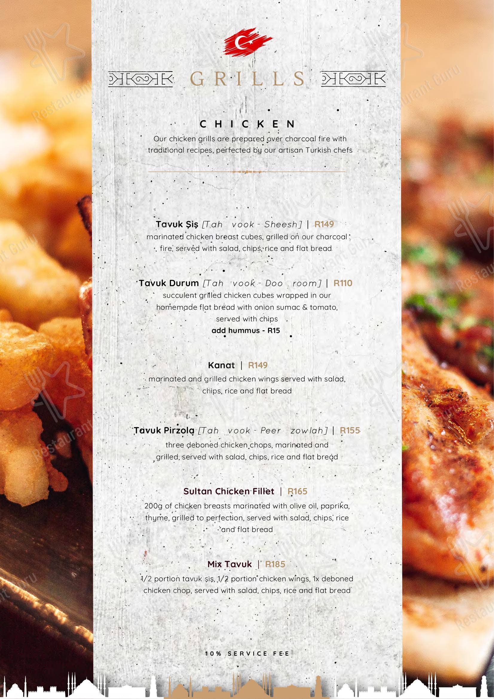 Menu at Ala Turkish restaurant, Cape Town