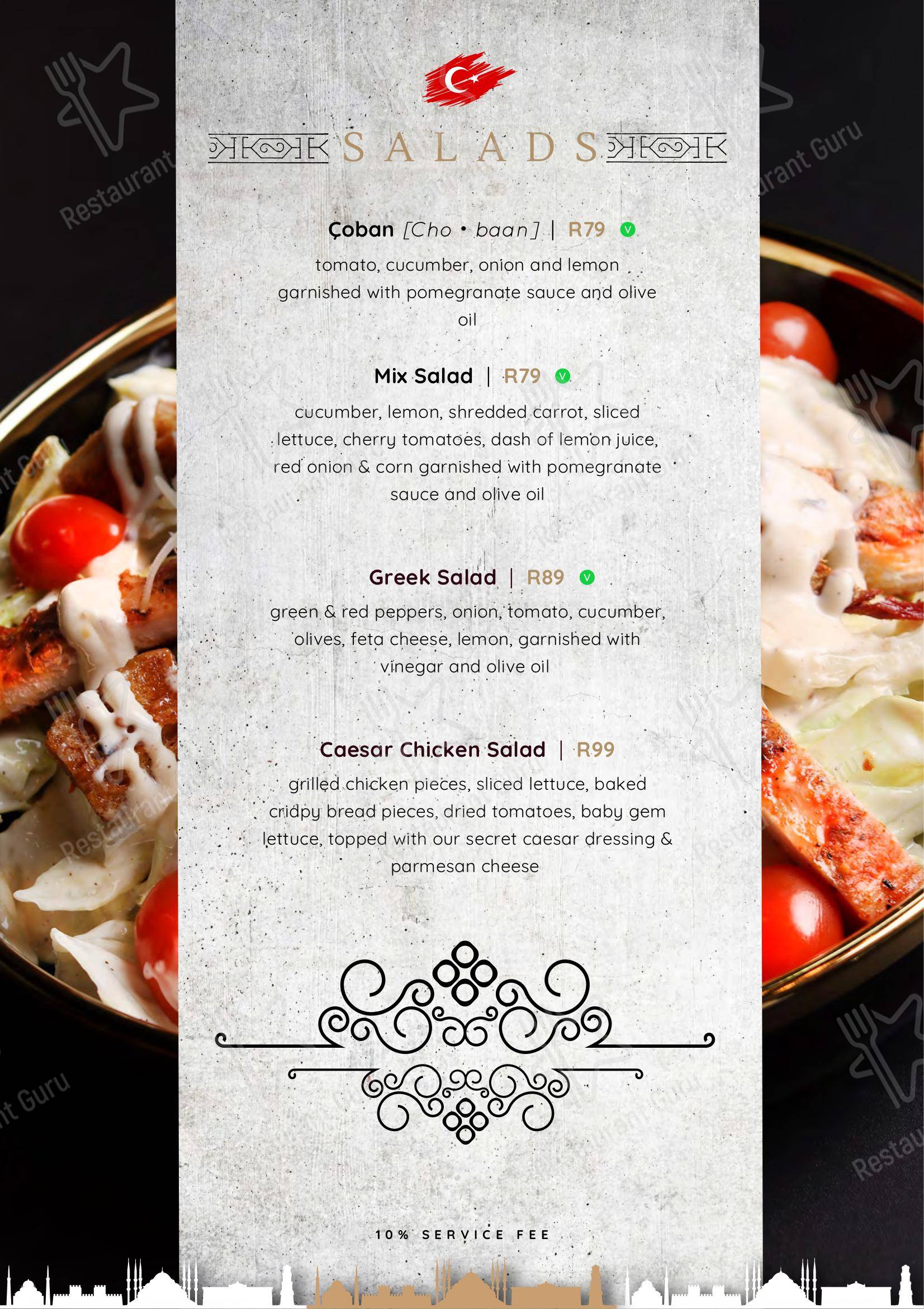 Menu at Ala Turkish restaurant, Cape Town