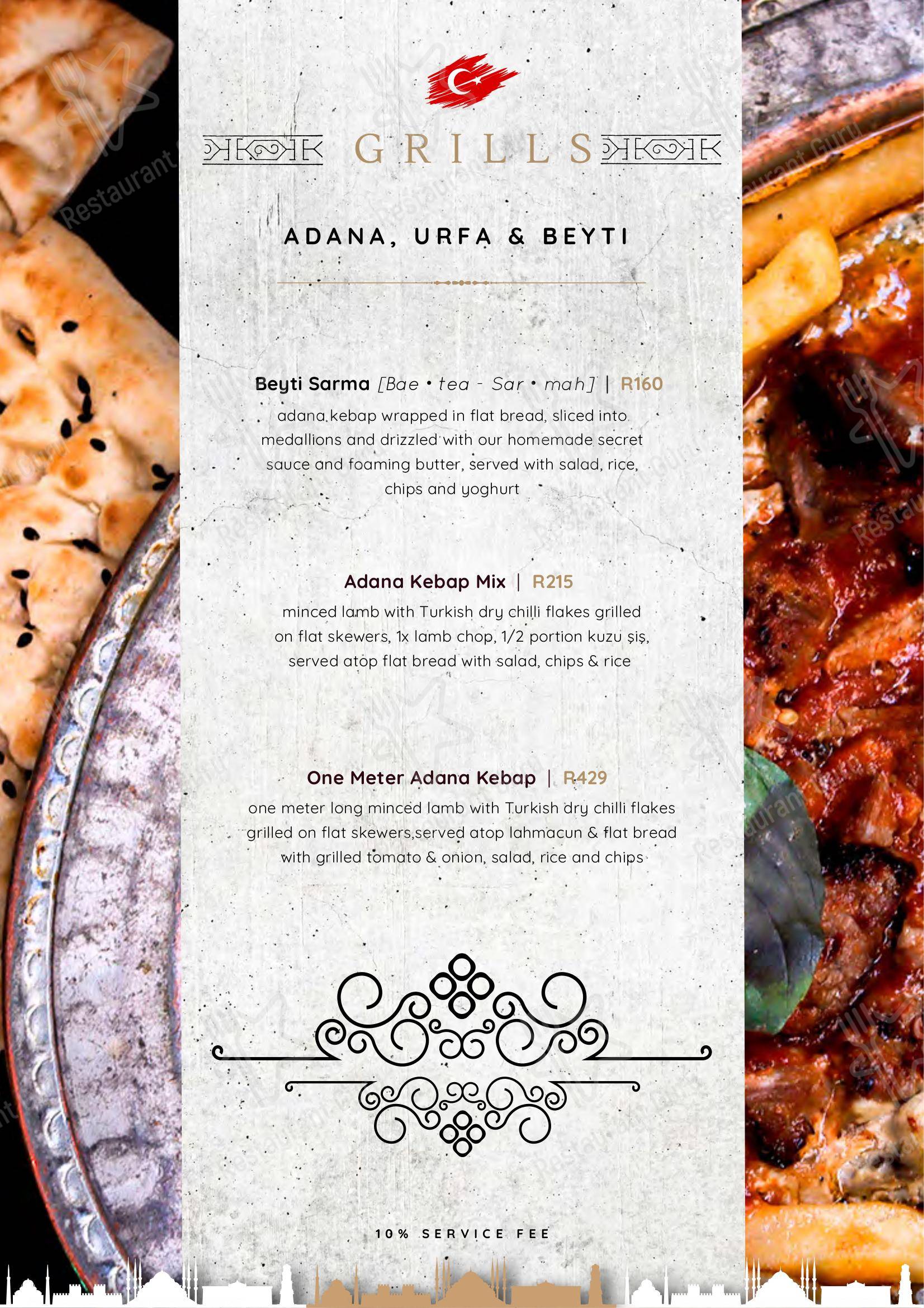 Menu at Ala Turkish restaurant, Cape Town