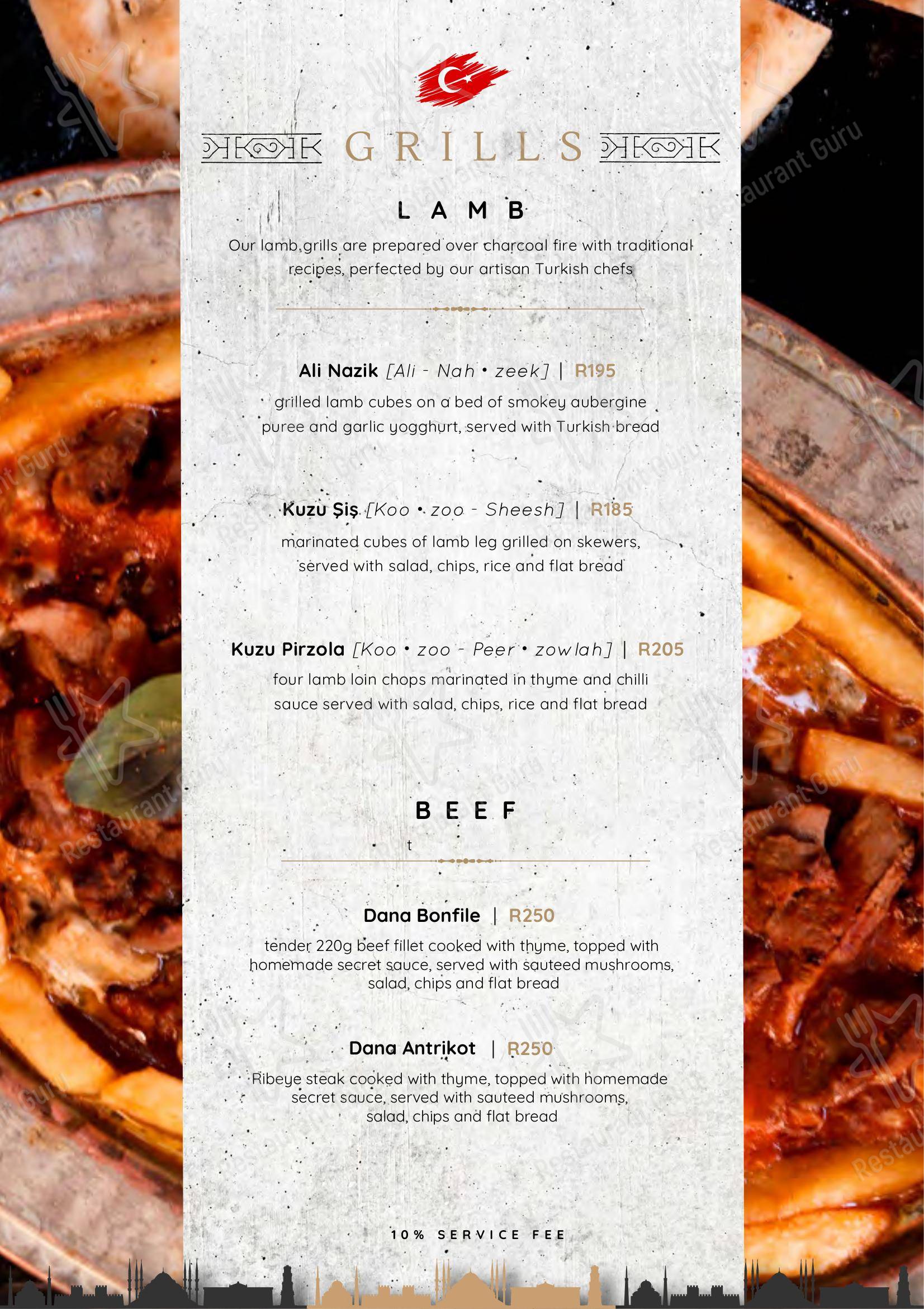 Menu at Ala Turkish restaurant, Cape Town