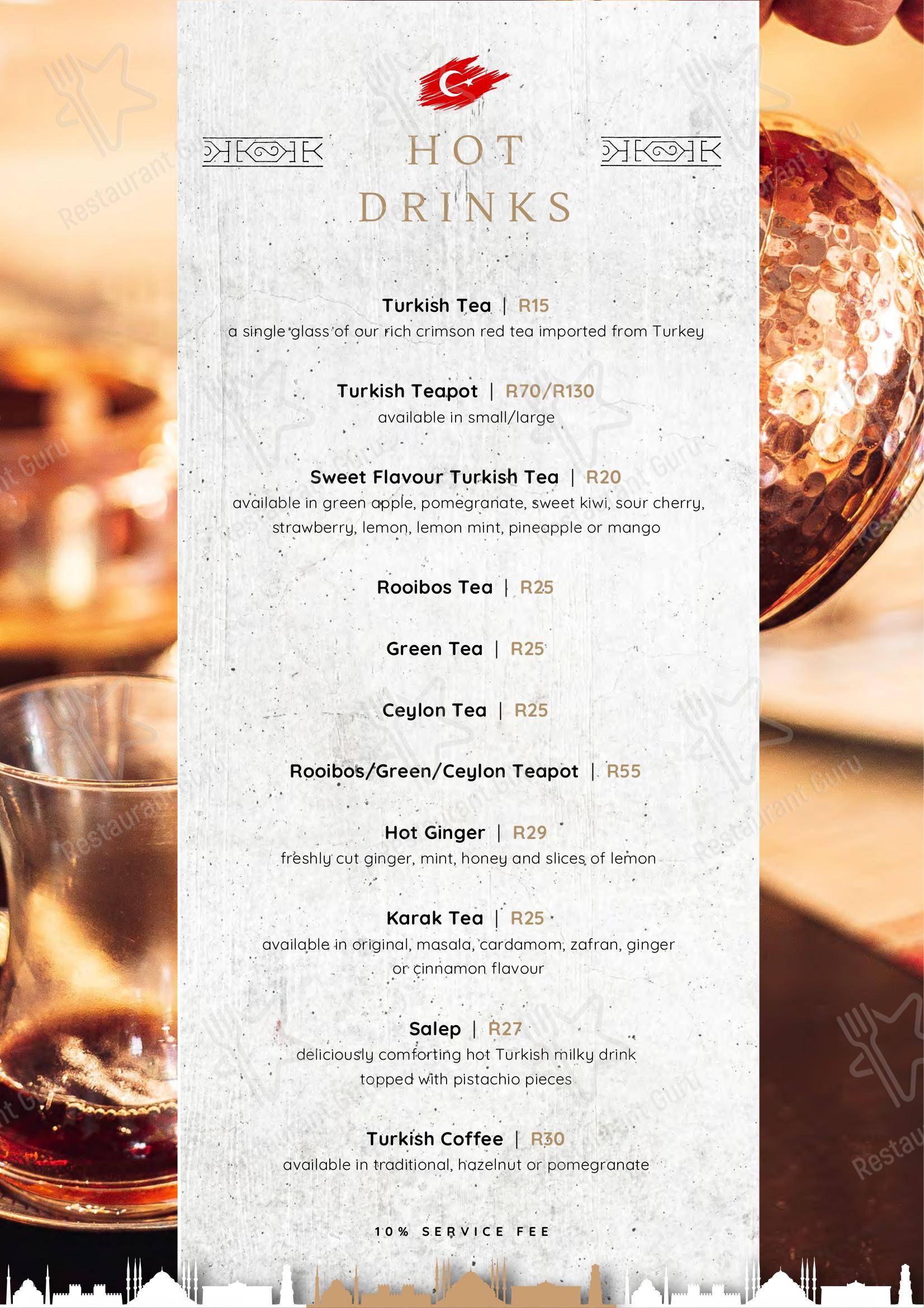 Menu at Ala Turkish restaurant, Cape Town