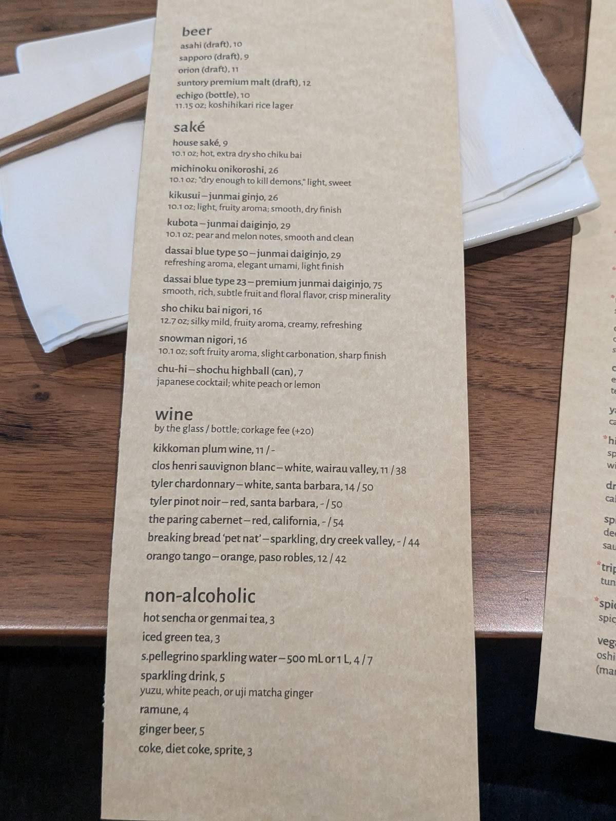 Menu at ikigai restaurant, Los Angeles