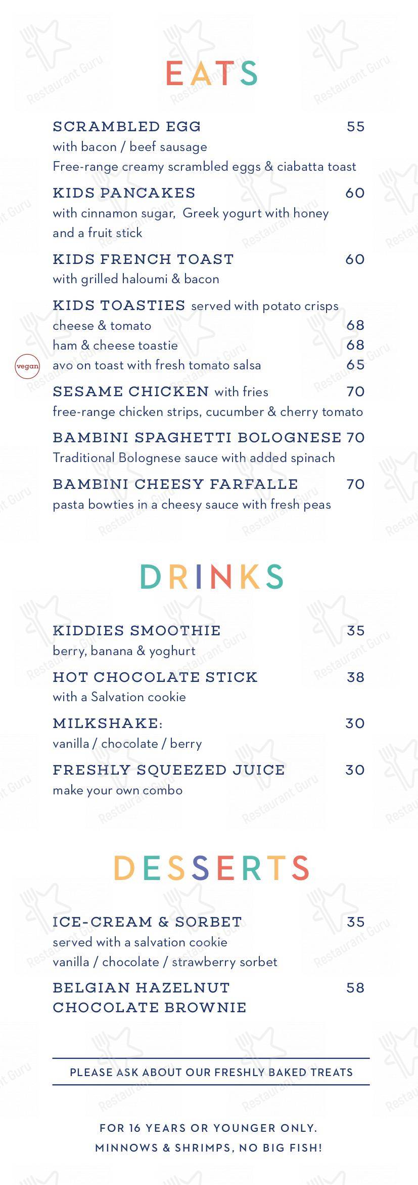 Menu at Salvation Cafe, Johannesburg