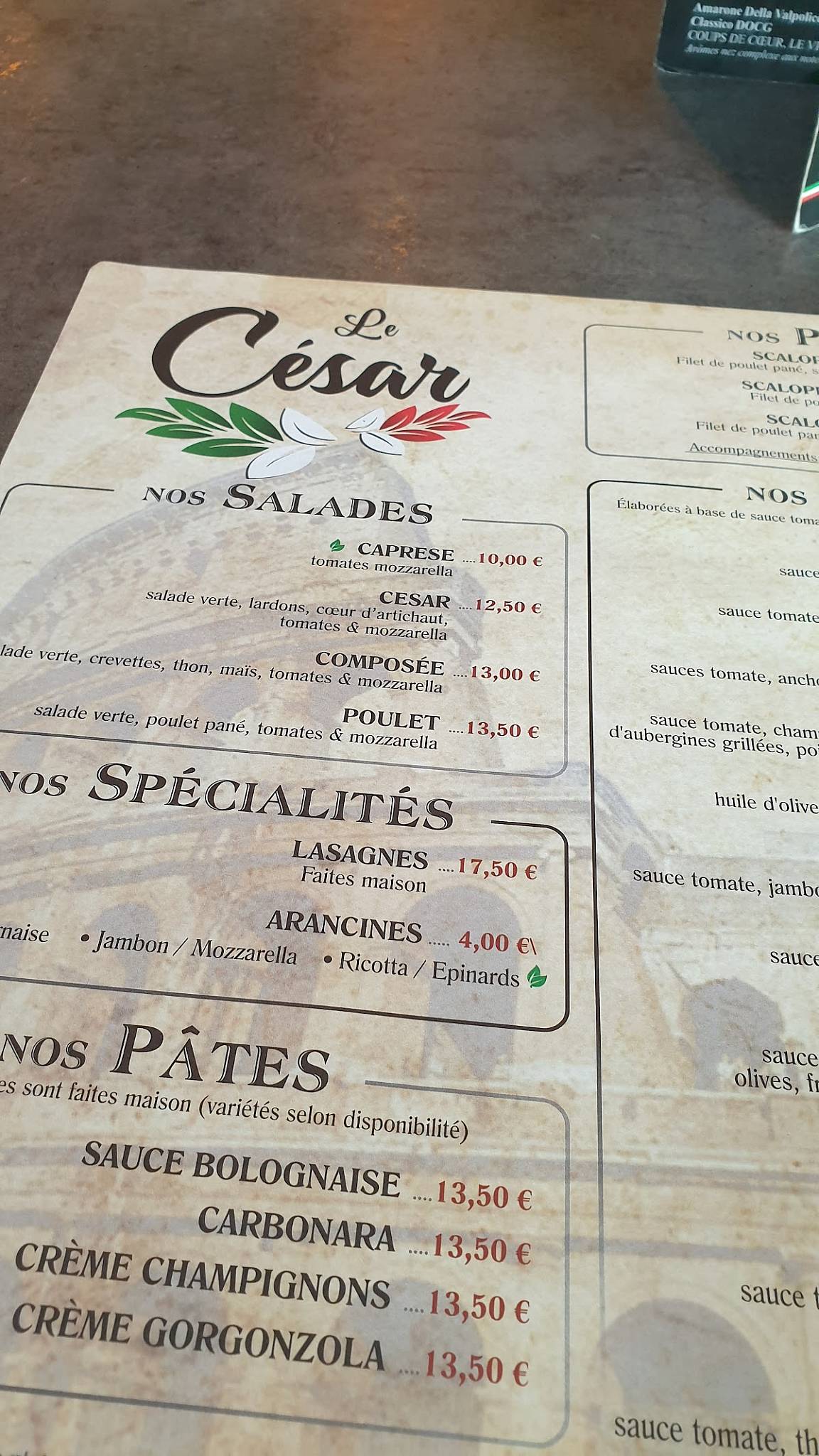 Menu au le césar restaurant, Sarreguemines