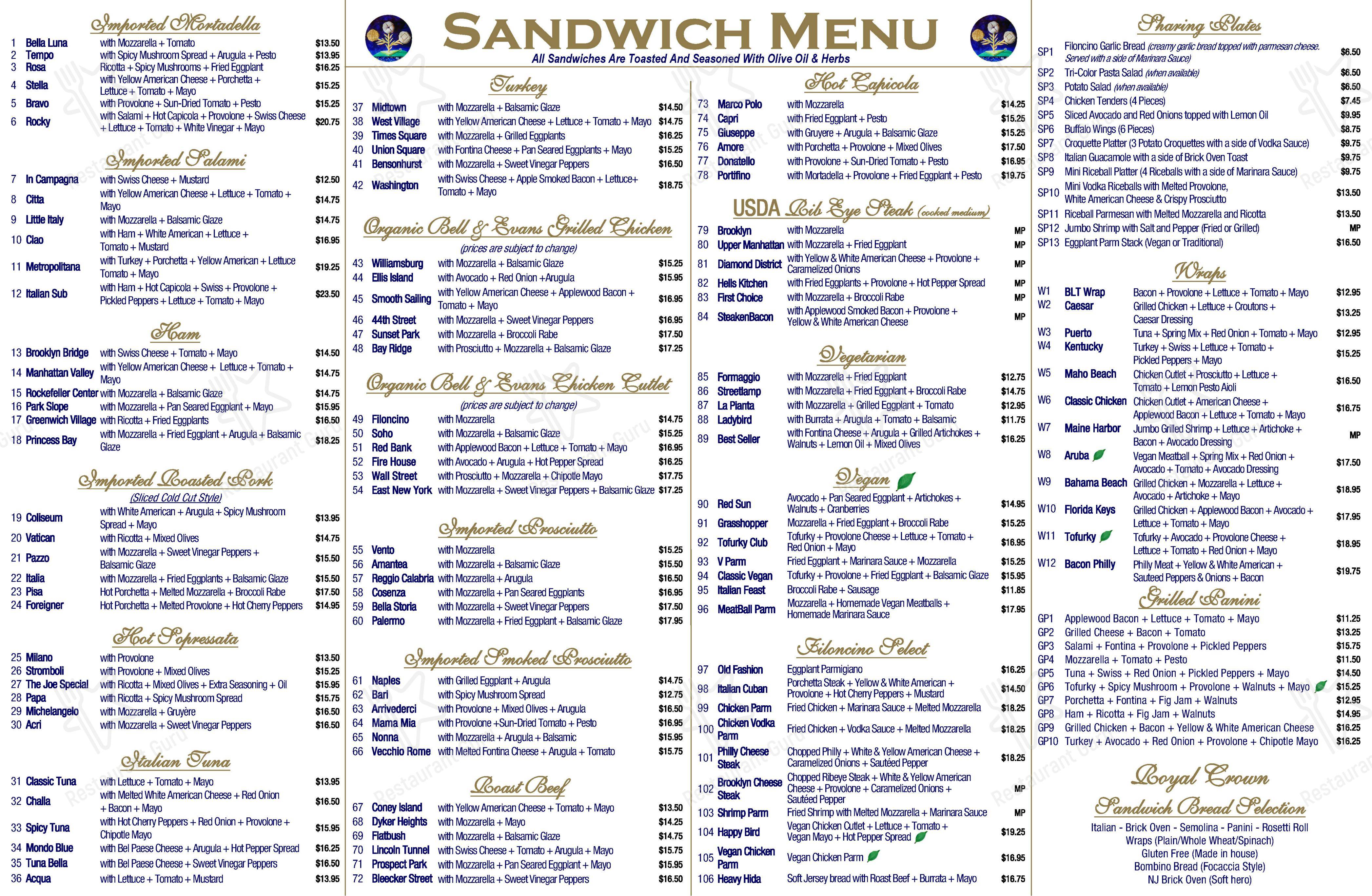 Menu at Filoncino Cafe, New York City