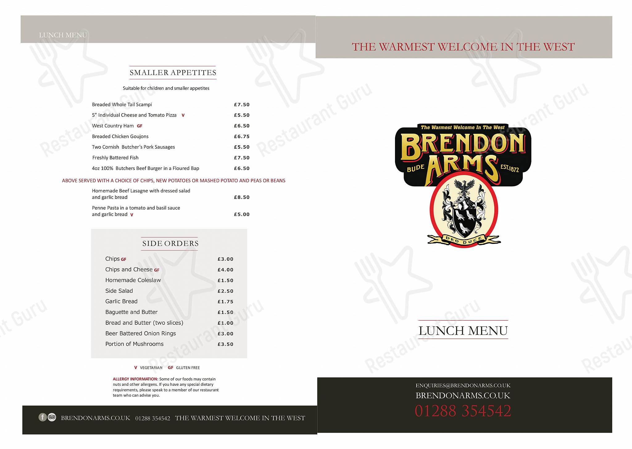 Menu at The Brendon Arms pub & bar, Bude
