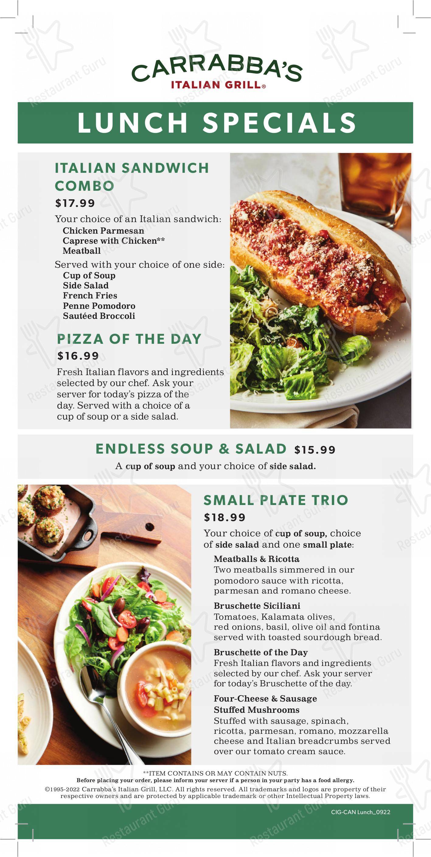 Menu at Carrabba's Italian Grill (Moncton) restaurant, Moncton