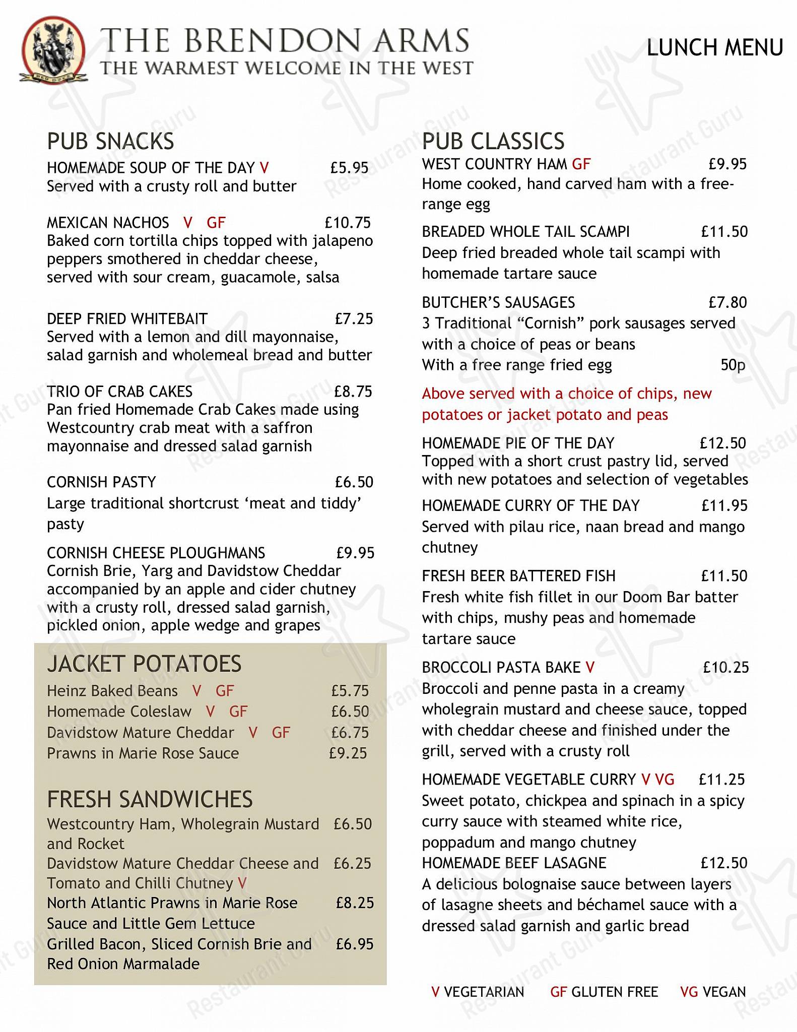 Menu at The Brendon Arms pub & bar, Bude