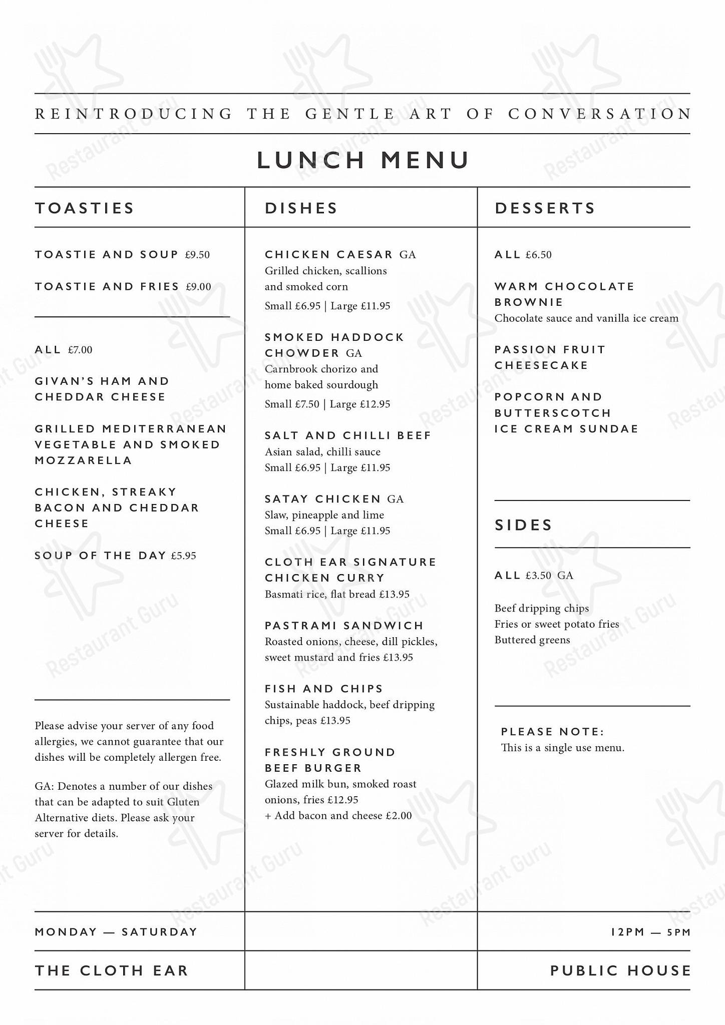 Menu at The Cloth Ear pub & bar, Belfast