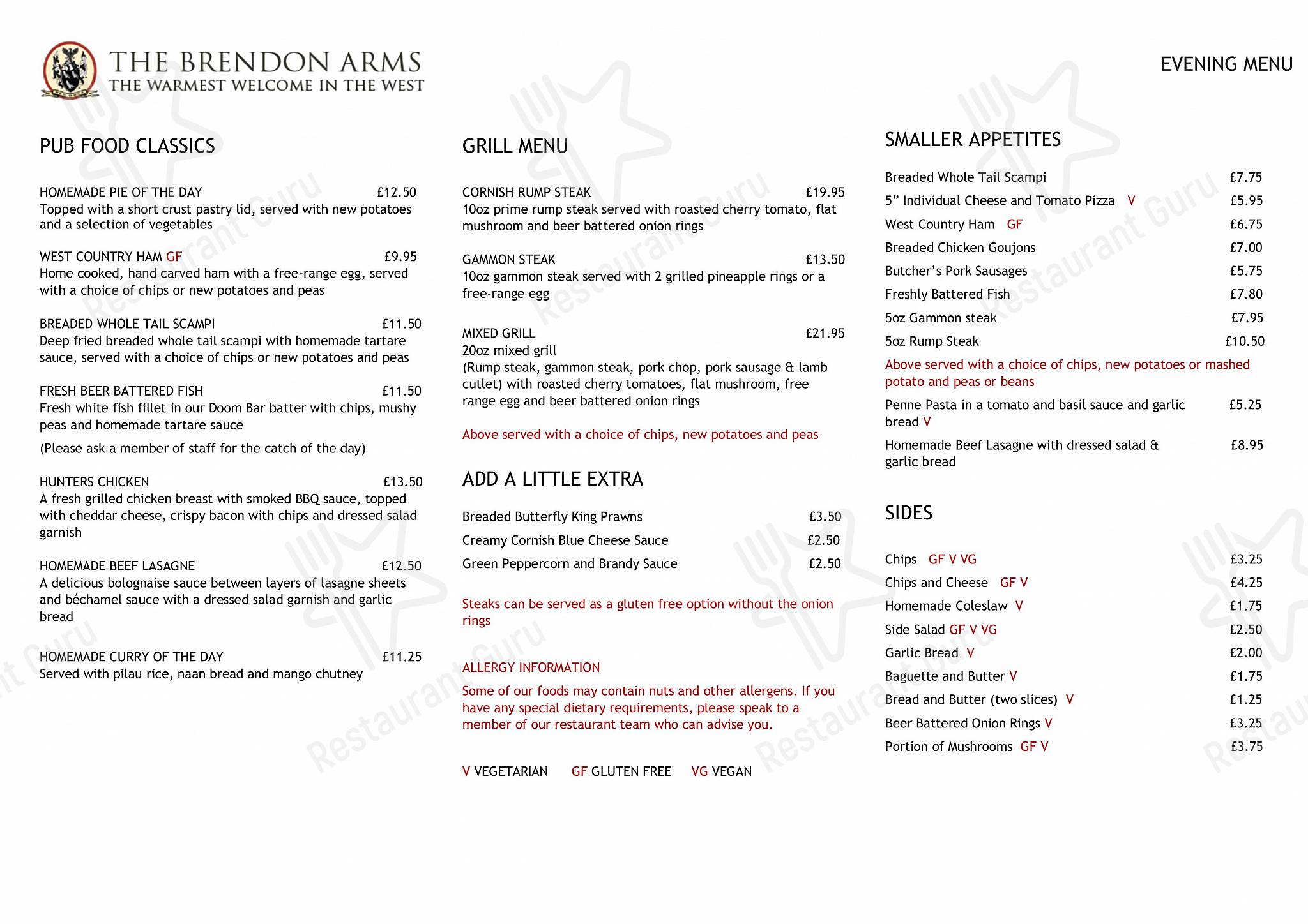 Menu at The Brendon Arms pub & bar, Bude
