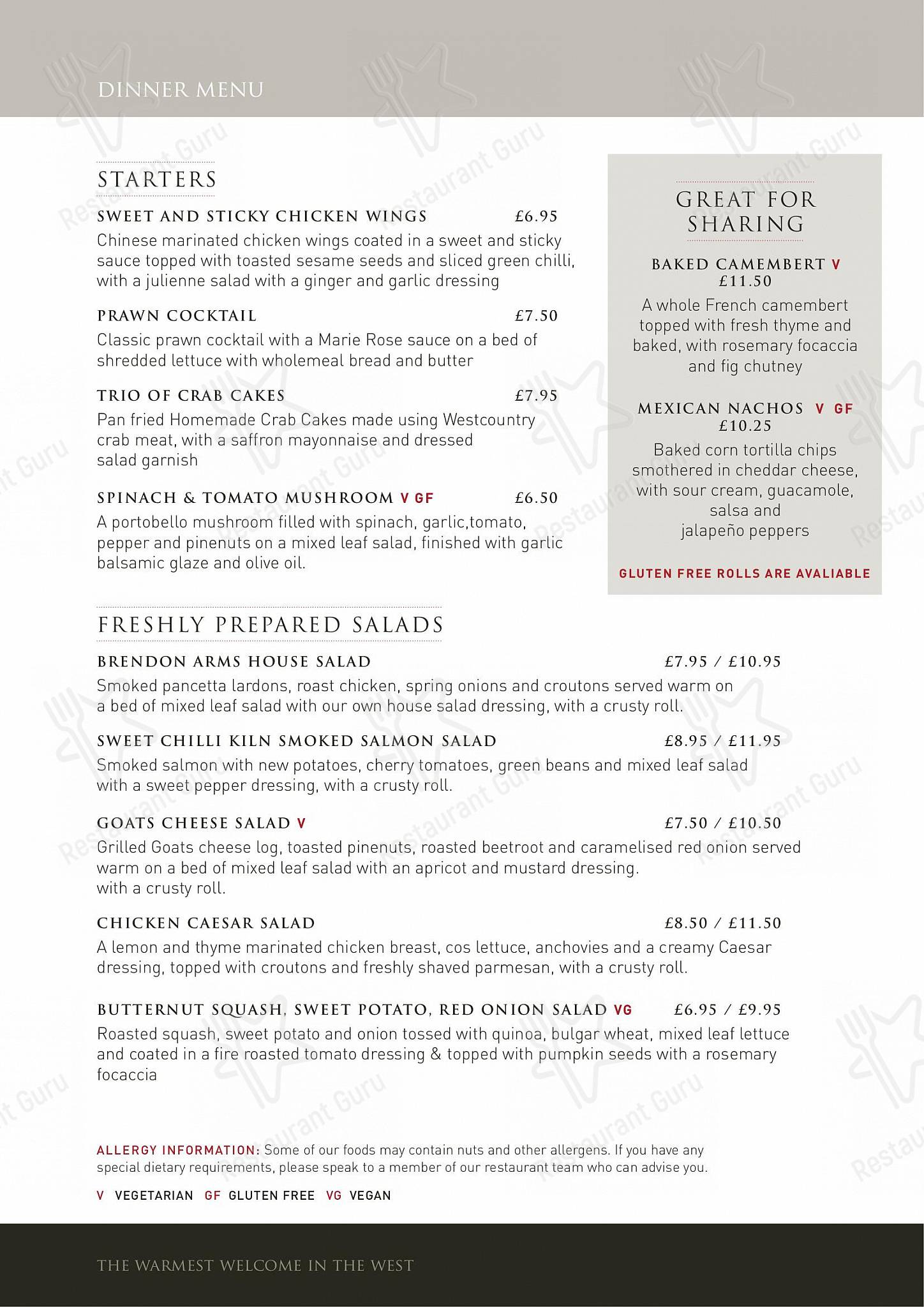 Menu at The Brendon Arms pub & bar, Bude