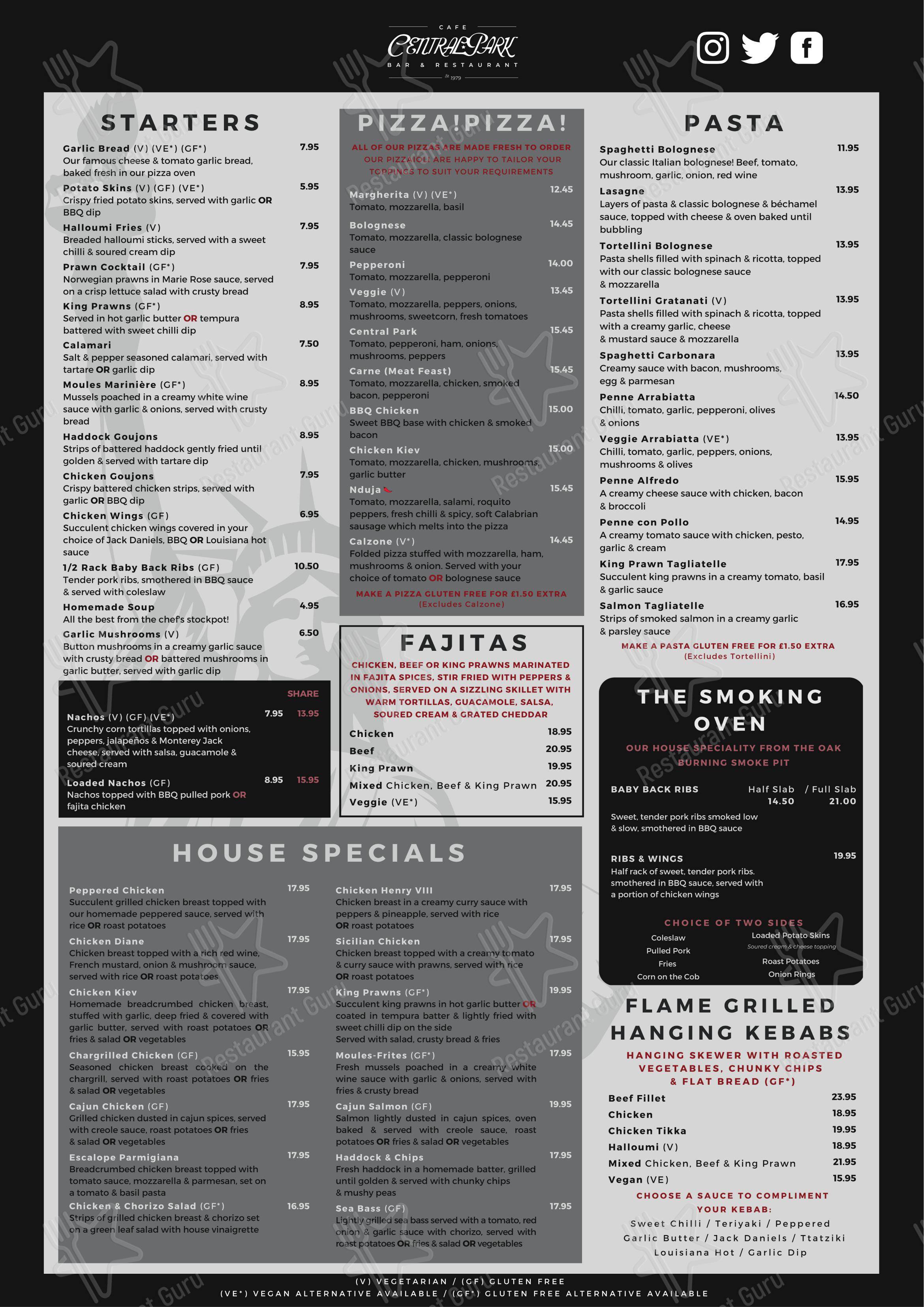 Menu at Central Park restaurant, Middlesbrough