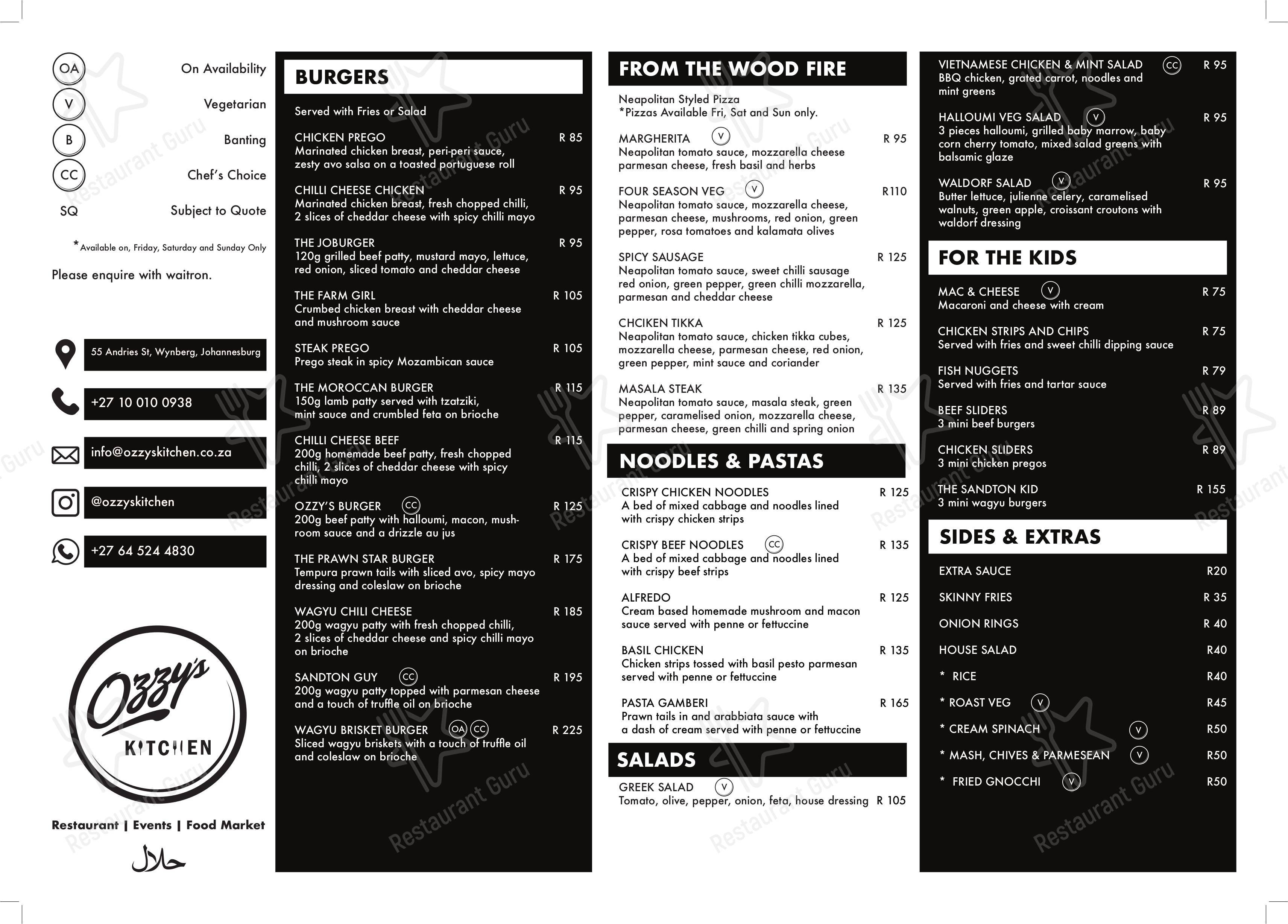 Menu at Ozzy's Kitchen restaurant, Johannesburg