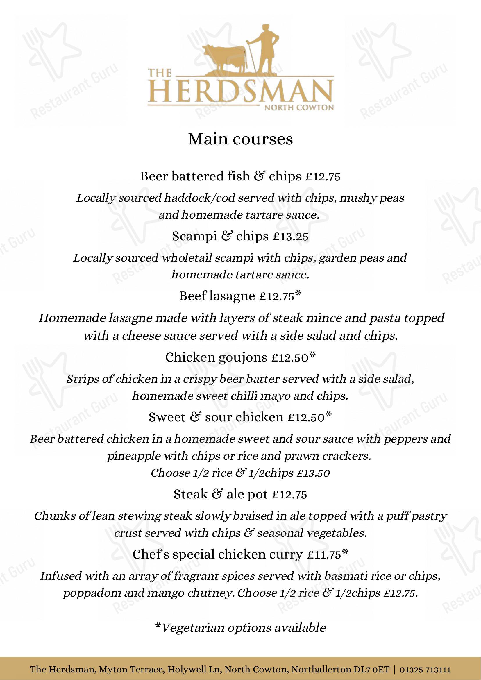 Menu at The Herdsman restaurant, North Cowton