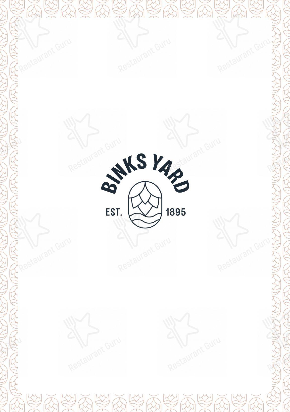 Menu at Binks Yard restaurant, Nottingham