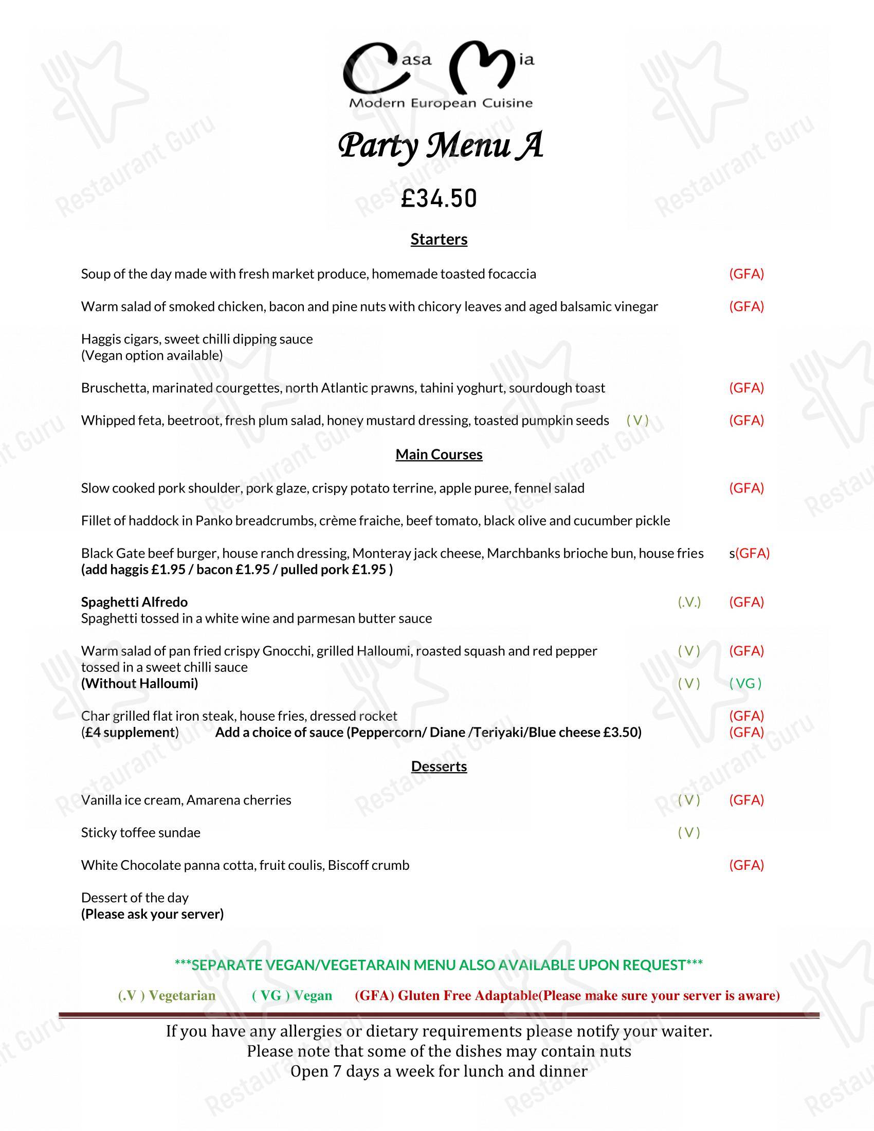 Menu at Casa Mia Dumfries restaurant, Dumfries