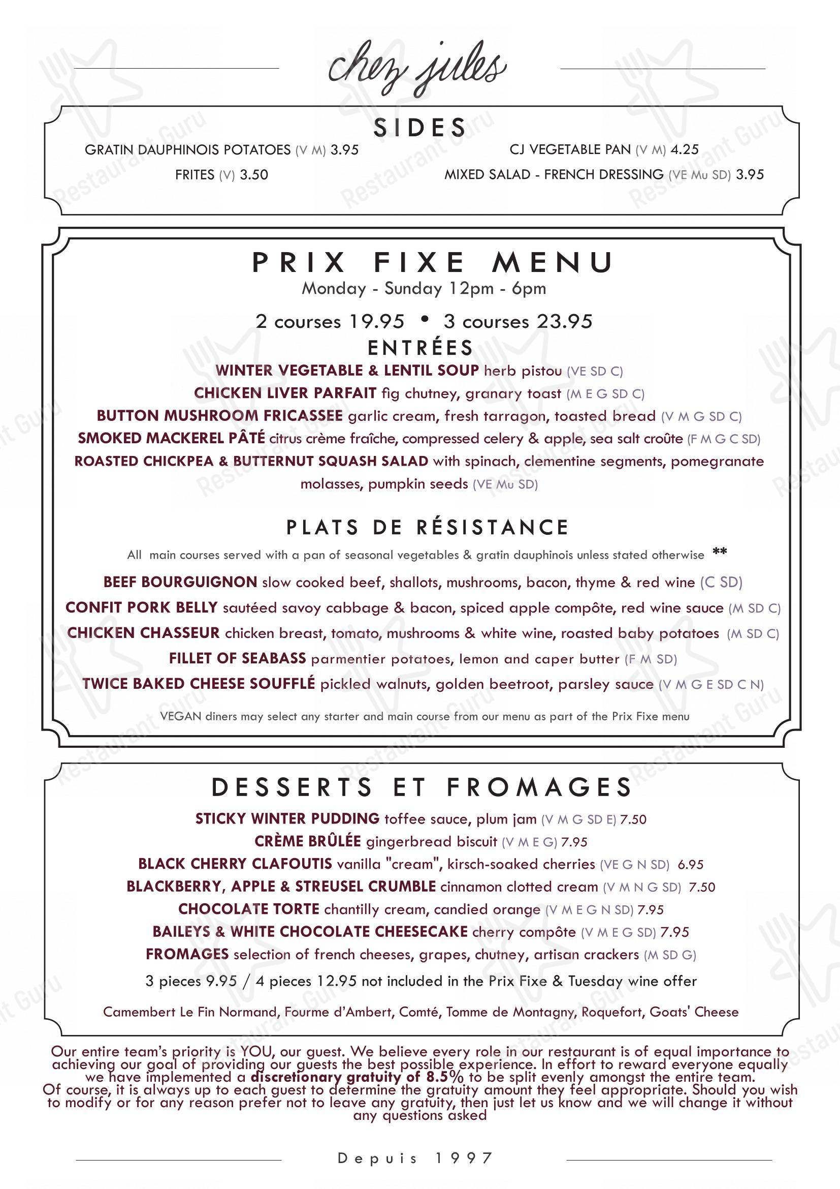 Menu at Chez Jules in Chester restaurant, Chester