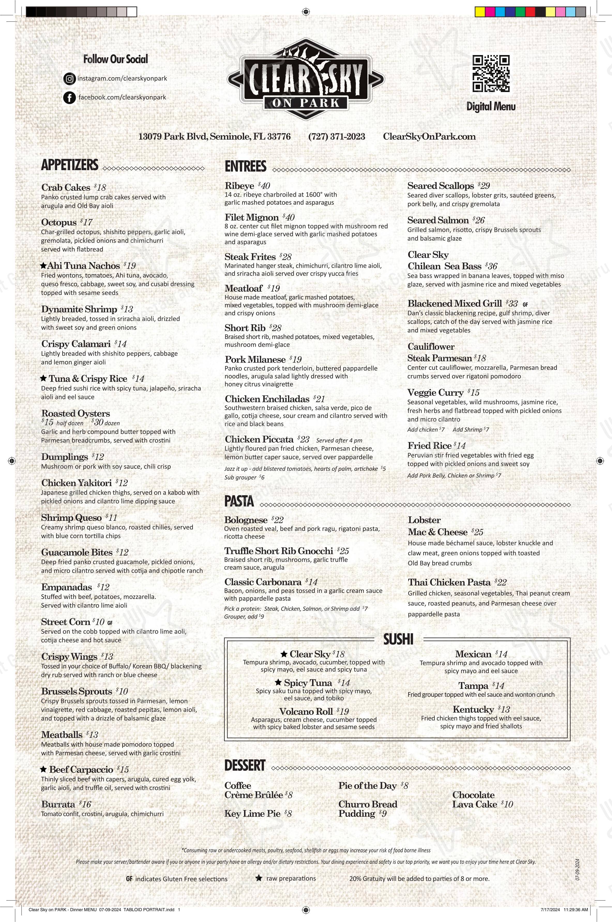 Menu at Clear Sky on Park pub & bar, Seminole
