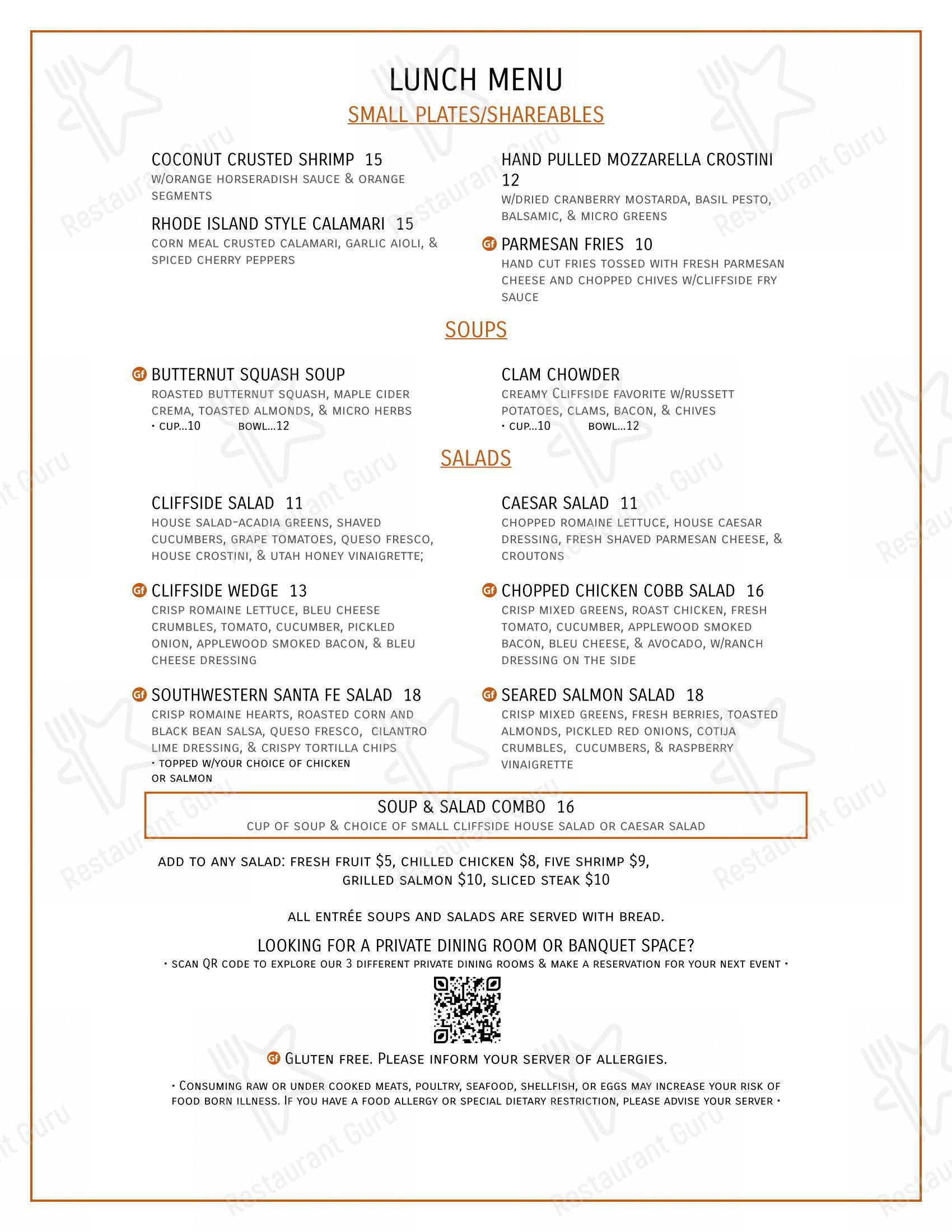 Menu at Cliffside Restaurant, St. George