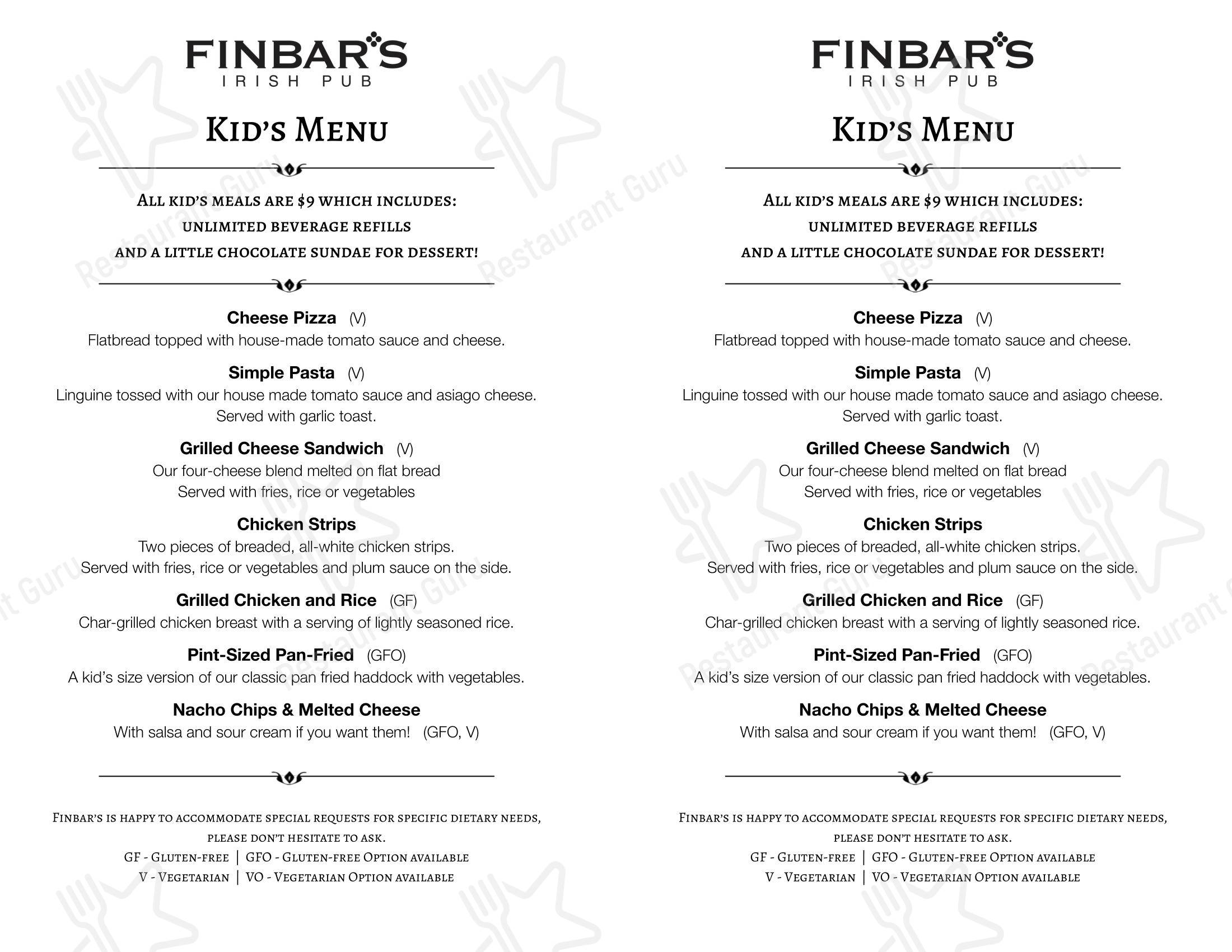 Menu at Finbar's Irish Pub, Bedford